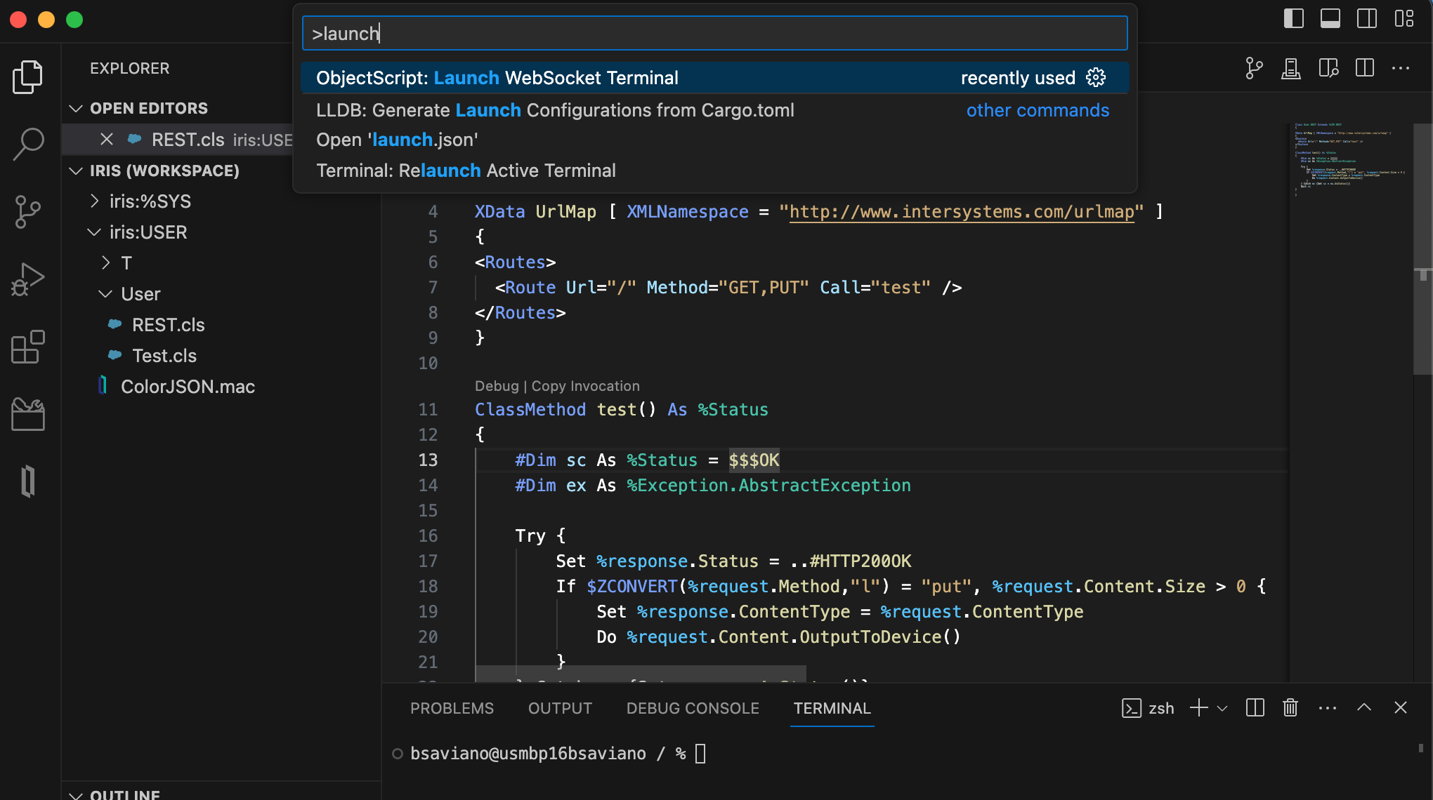 Cómo ejecutar comandos de ObjectScript en el terminal integrado de VS Code
